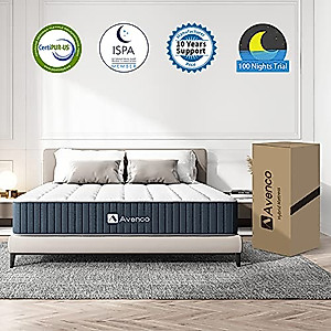 Avenco Queen Mattress, Queen Size Mattress, 10 Inch Hybrid Queen Mattress in a Box, Innerspring & Comfort Foam with Anti-Pilling Fabric, Medium Firm, Back Pain Relief, CertiPUR-US, 10 Years Support