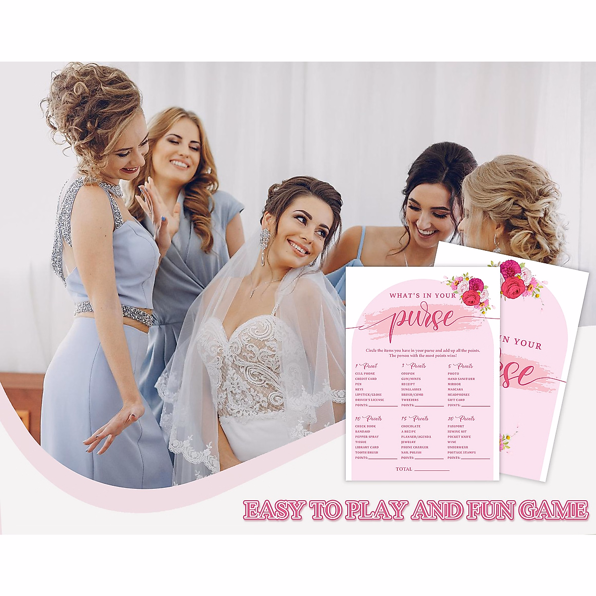 Pink Floral What's In Your Purse Game for 30 Guests with Game Cards, Hot Pink Floral Bridal Shower Game, Modern Bridal Shower Decorations, Wedding Shower or Bachelorette Party Supplies - 01