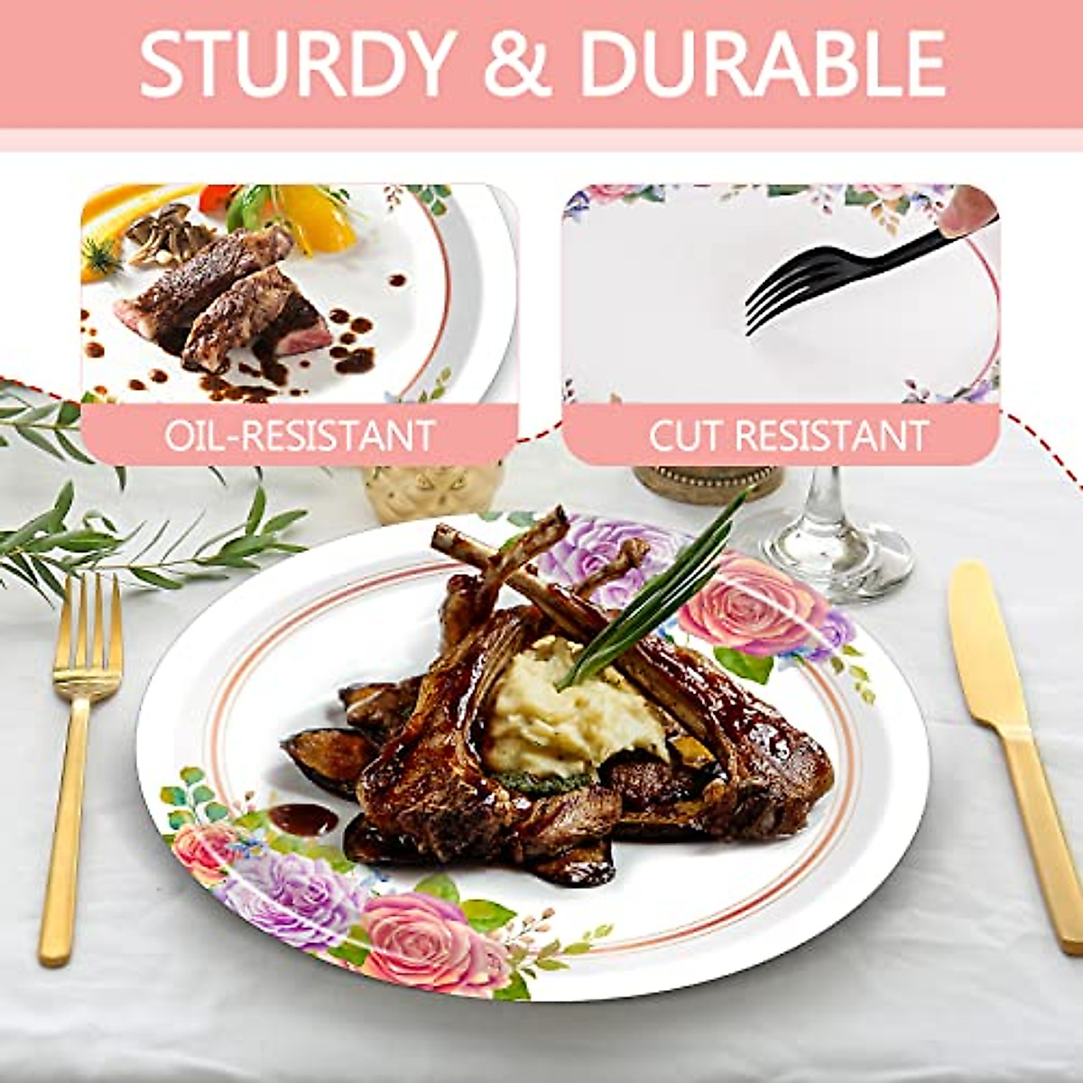 Qyeahkj 50 PCS Floral Oval Paper Plates Large 11” Disposable Pink Purple Flower Party Decorations Floral Supplies Favor for Spring Holiday Wedding Tea Party Tableware Set