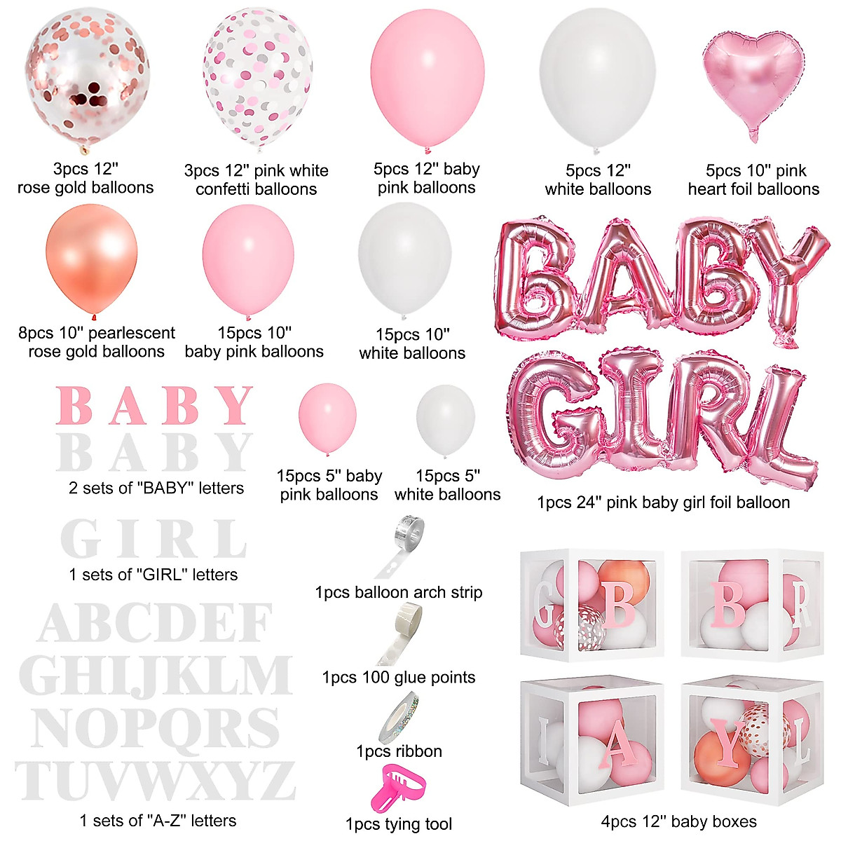 Amandir 143pcs Baby Boxes Pink Baby Shower Decorations for Girl, Rose Gold Pink Balloons Garland Kit Baby Boxes with Letters (A-Z+Baby+Girl) for Baby Shower Girl Birthday Gender Reveal Party Supplies