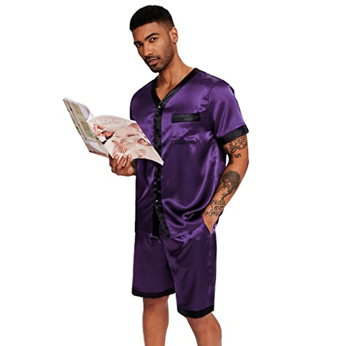 Ekouaer Silk Pajamas for Men Satin Pajama Shorts 2 Piece Button Down Pj Set V Neck Sleepwear Loungewear with Pockets S-XXL Purple