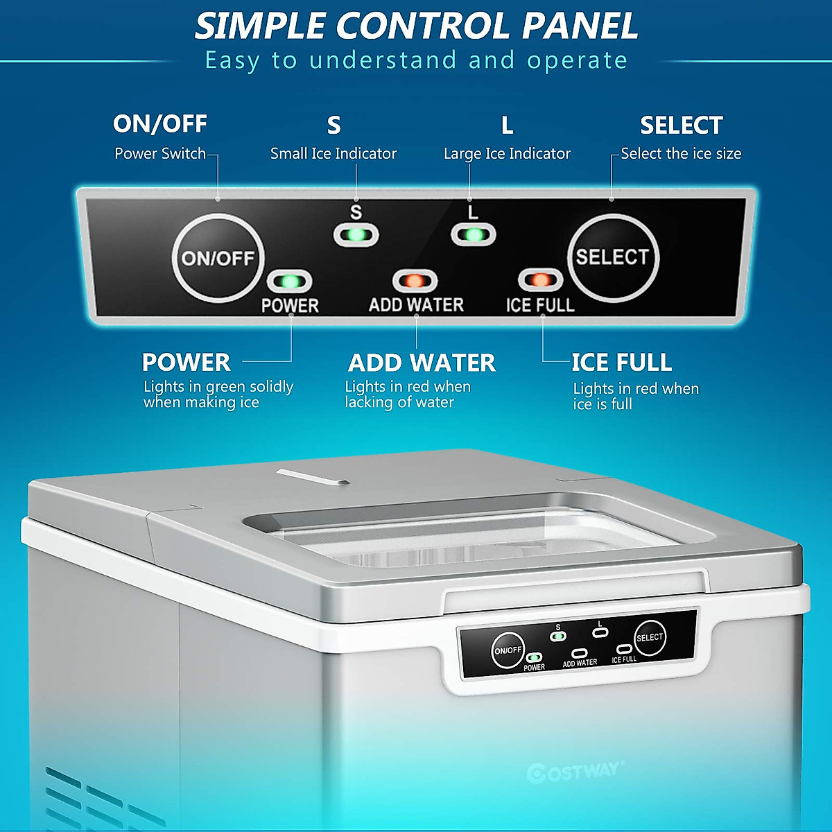 COSTWAY Countertop Ice Maker, 26LBS/24H Portable Electric Ice Machine, 9 Bullet Ice / 7 Mins, Intelligent Alarm System, with Ice Scoop and Basket, for Homes, Offices, Restaurants, Bars (Silver)