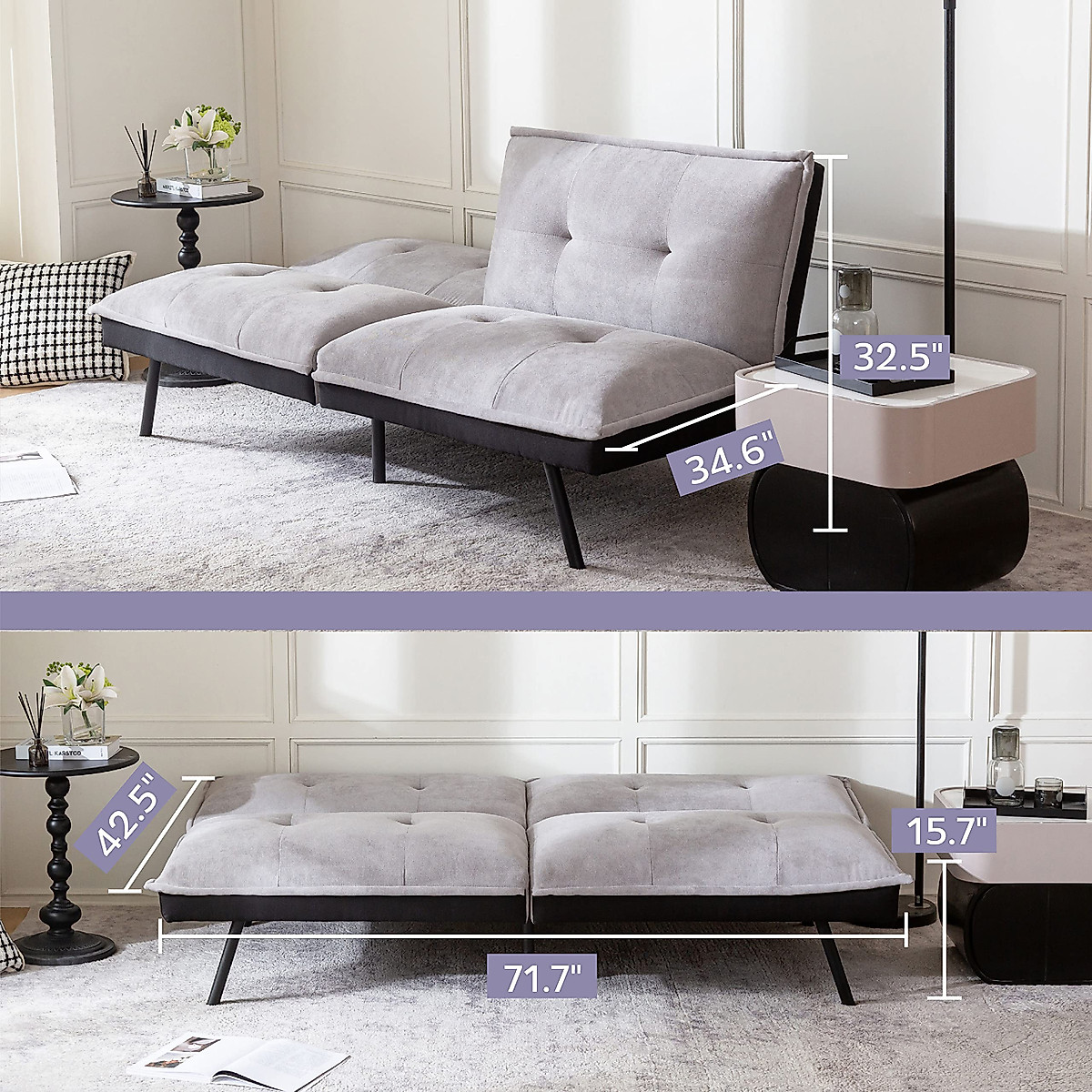 CH CHARME HOUSE Bed Convertible futon Couch with Adjustable Backrest, Modern Sleeper Sofa for Office Living Bedroom and Sitting Room, Small, Grey