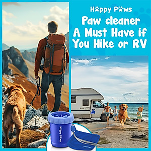Happy Paws Dog Paw Cleaner | Portable Washer Cup for Small Cute Dogs with Towel and Hanger | Silicone Pet Foot Cleaning Brush Scrubber | Grooming Essentials to Wash Muddy Puppy Feet | Blue