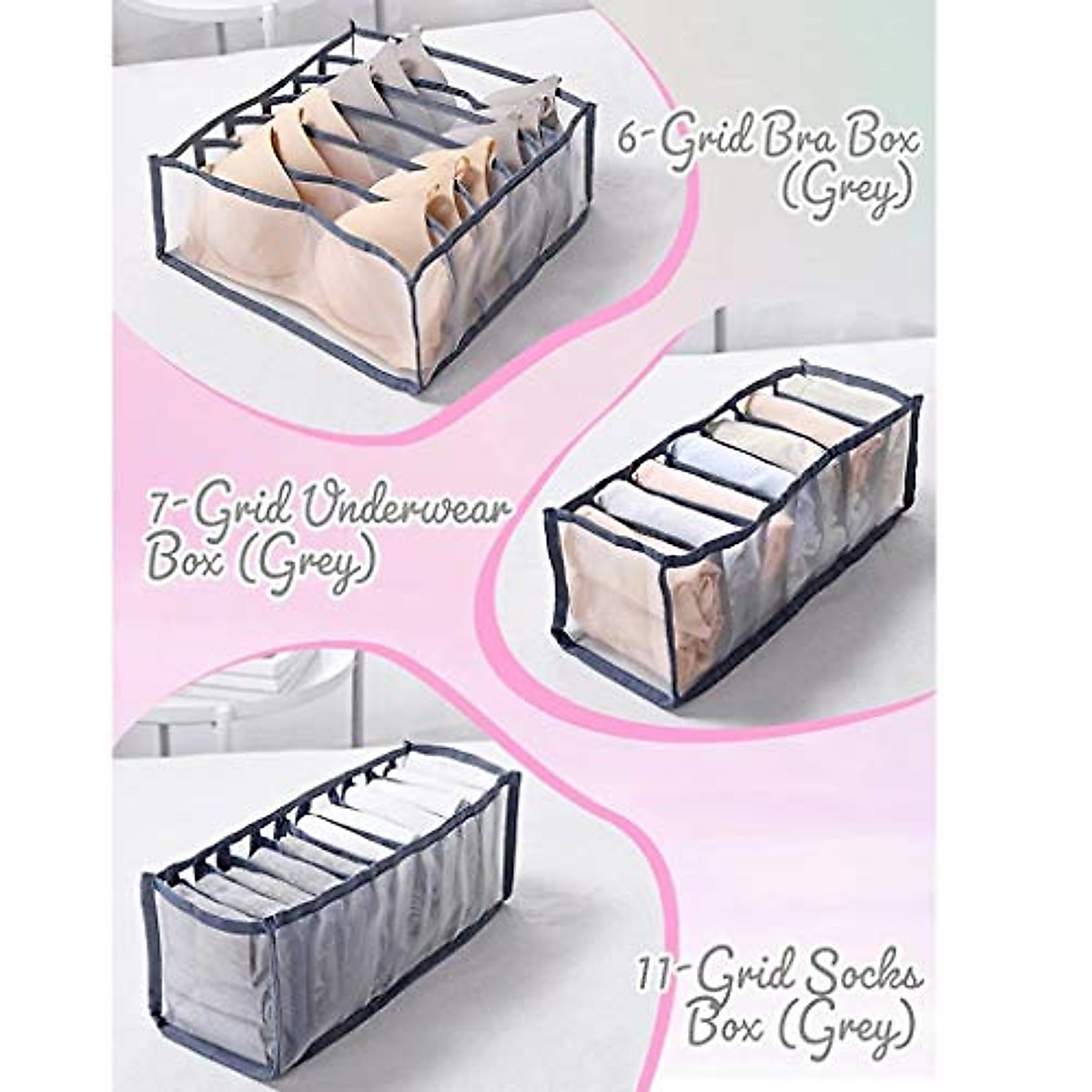 Underwear Organizer Drawer Divider 3 Set 6 7 11 Cell Foldable Underbed Closet Clothes Sorting Storage Box for Organizing Socks Lingerie Bras Ties Washable Large Capacity Combination Bins (Grey)