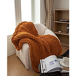 Chunky Knit Blanket Soft Chenille Yarn Knitted Throw Blanket 50"X60" Handmade Cable Warm Thick Giant Blanket for Couch Bed Trips (Burnt Orange, Throw 50“x60”)