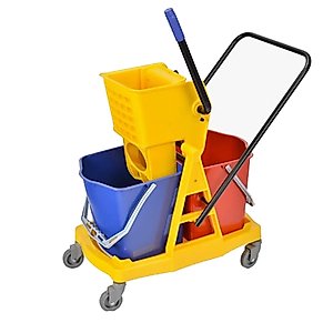 Mop Bucket, Double Bucket Cleaning Bucket, Commercial mop Bucket and Side Pressure Wring Combination with Wheels for Free Movement, 34L Large Capacity Cleaning Cart, for Home and Commercial (Yellow)