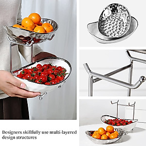 Acliys Fruit Bowl, Ceramic Fruit Basket, 2 Tier Serving Stand Serving Bowl with Metal Rack, Porcelain Kitchen Bowls for Vegetable Storage Snack Nuts Dessert Cake Tray for Party Wedding…