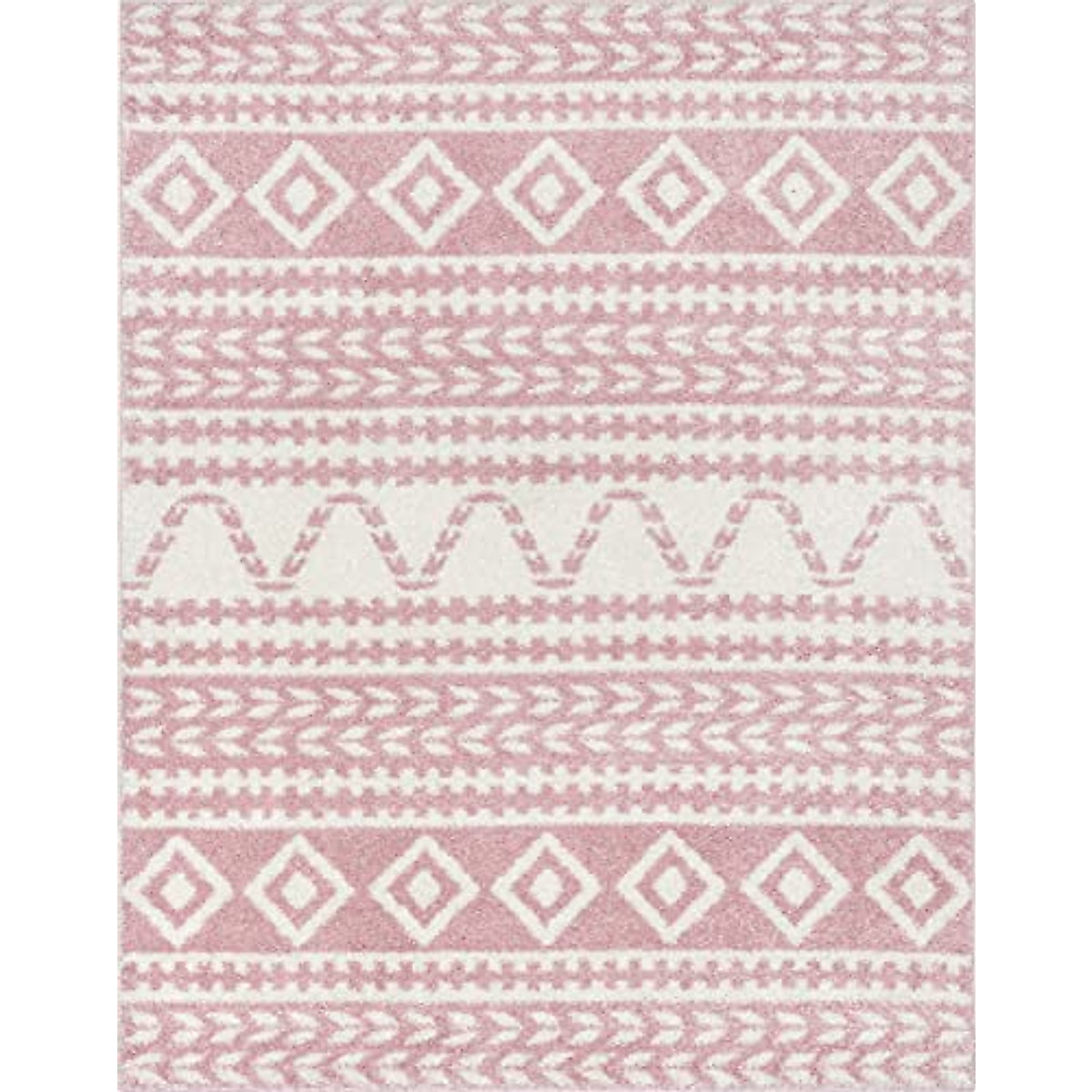 Well Woven Tribal Diamond Stripes Blush Pink Soft Shag Area Rug 5x7 (5'3"x7'3")