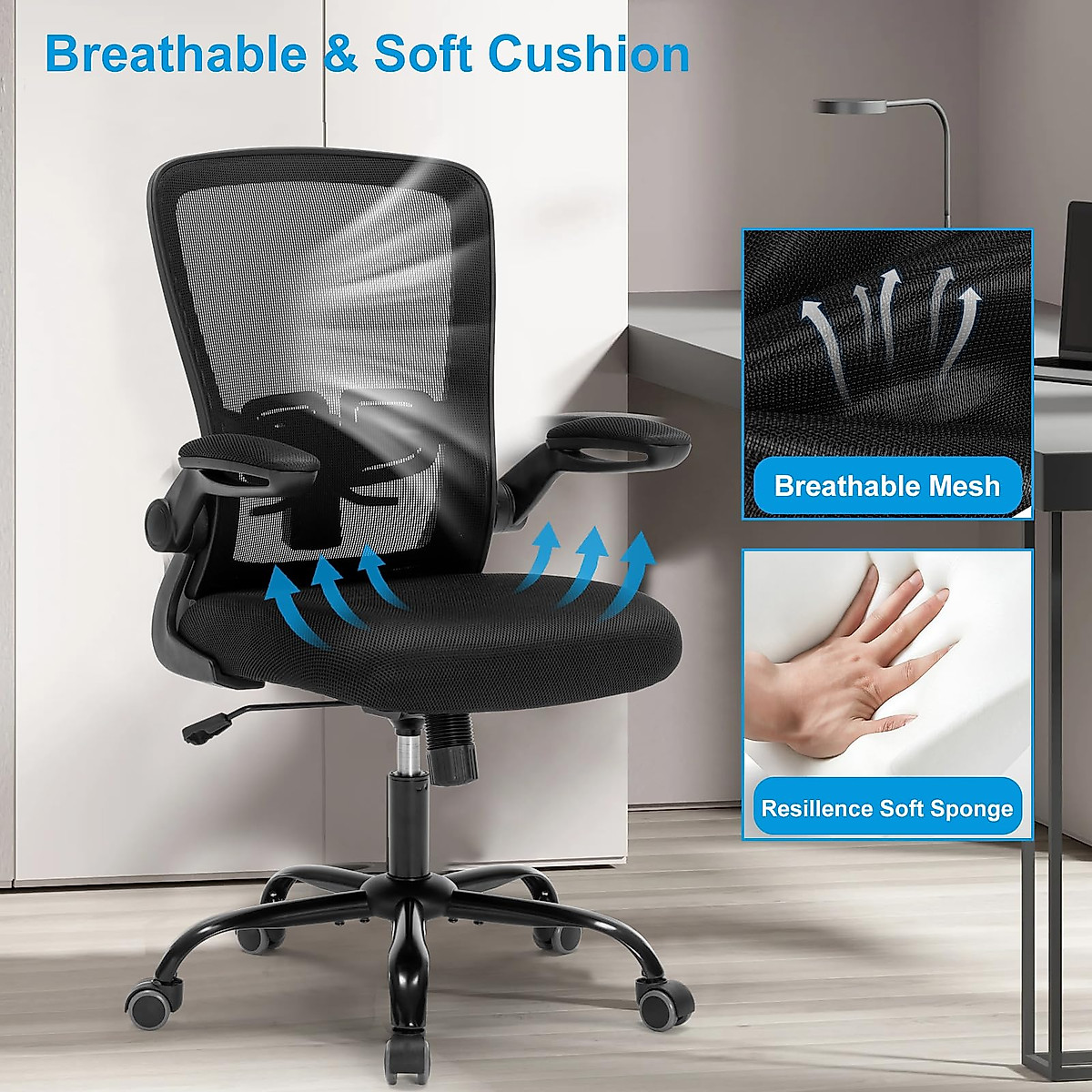 Office Computer Desk Chair，Ergonomic Executive Office Chair with Mesh, Adjustable Lumbar Support, Swivel Rolling for Home, Bedroom, Study, Student, Adults, Black