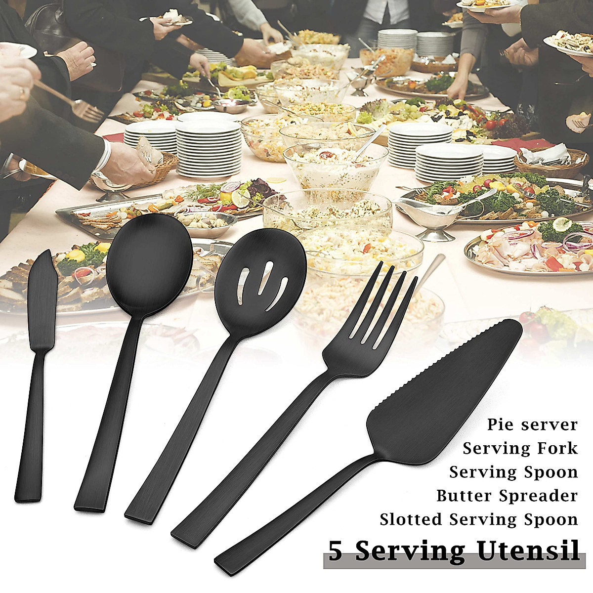 Herogo 53-Piece Matte Black Flatware Set with Steak Knives & Serving Utensils, Stainless Steel Square Silverware Cutlery Set for 8, Unique Tableware Eating Utensils Set, Satin Finish, Dishwasher Safe