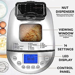 Pohl Schmitt Stainless Steel Bread Machine Bread Maker, 2LB 17-in-1, 14 Settings Incl Gluten Free & Fruit, Nut Dispenser, Nonstick Pan, 3 Loaf Sizes 3 Crust Colors, Keep Warm, and Recipes