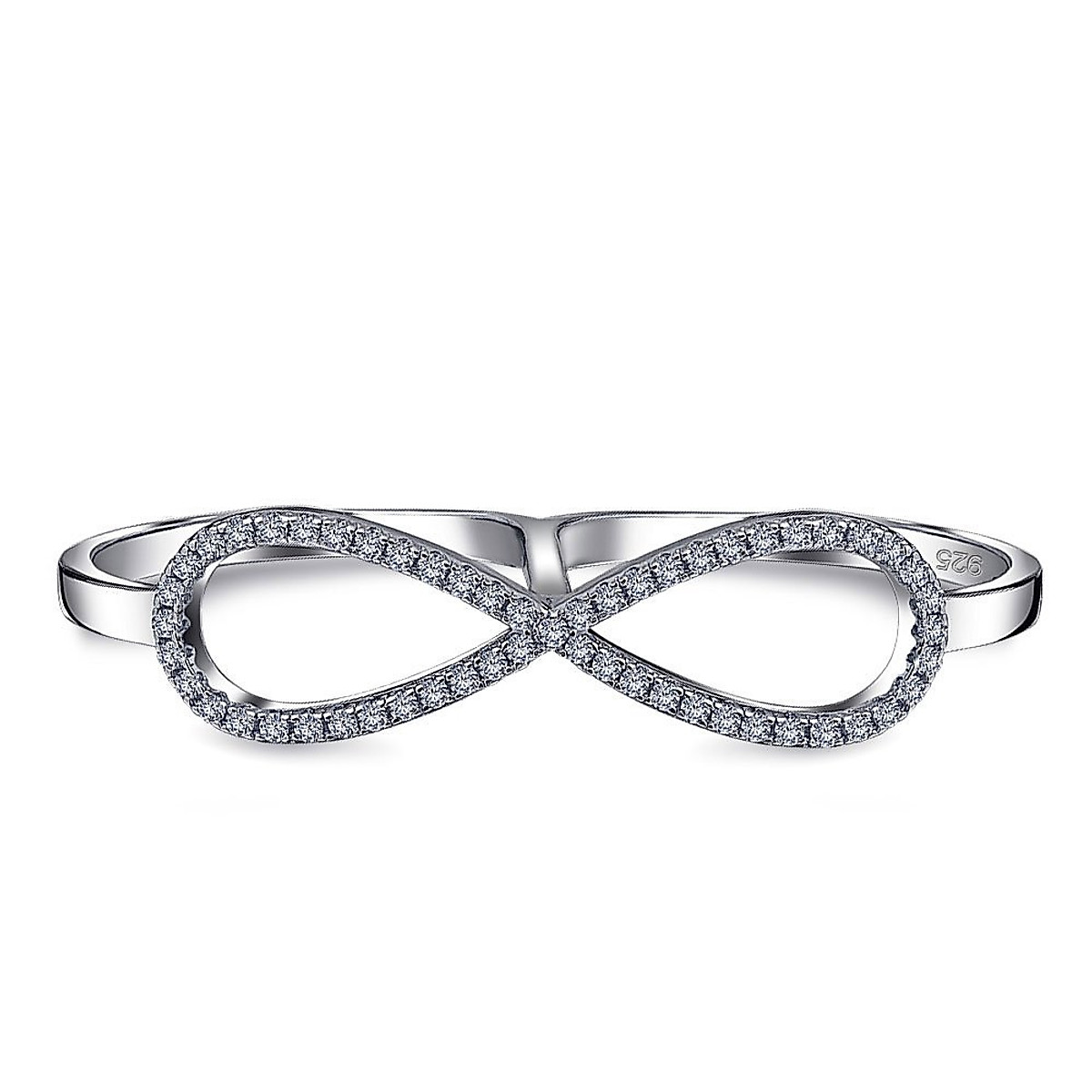 Boho Simple Romantic Large Pave Cubic Zirconia Elegant Cubic Zirconia Fashion Statement CZ Pave Infinity Two Finger Ring For Teen Women .925 Sterling Silver