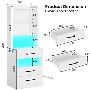 VIAGDO Tall Nightstand with Charging Station and LED Lights, Large White Night Stand with Bookshelf, Modern LED Bedside Table with 3 Drawers and Storage Shelves, End Side Table for Bedrooms, Dorms