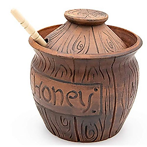 Honey Jar with a Dipper 16oz. Ceramic Honey Pot Made Out of Solid Clay Piece. Honey Container, and a Great Rustic Bowl for Gift (Brown) - Ceramic Beehive Honey Pot with Dipper.