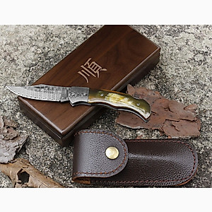 YOUSUNLONG Folding Knife - Overall 176mm - Japanese Damascus Steel Blade - Natural Bull Horn Handle with Leather sheath and natural walnut wooden knife box for camping hiking fishing