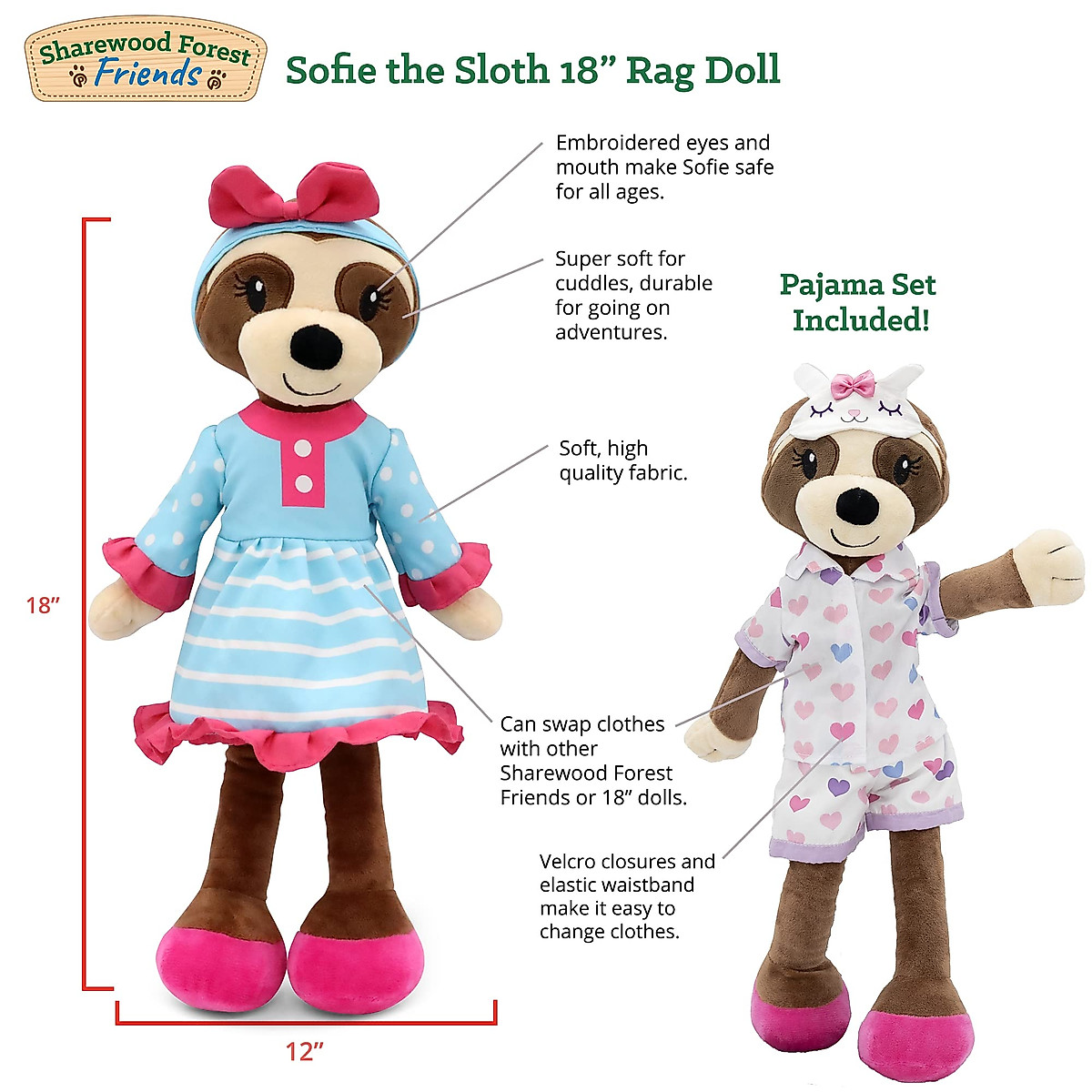 Plushible Soft Baby Doll, 18 Inch Sloth - Plush Rag Doll with 2 Clothing Sets, My First Plush Toy for Girls, Boys & Infants, Soft Baby Stuffed Toy, Adorable Companion for 1 Year Old & Up