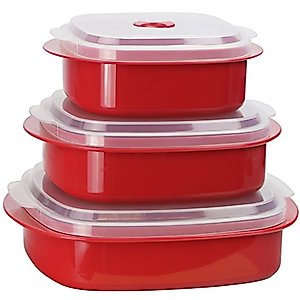 Calypso Basics by Reston Lloyd 6-Piece Microwave Cookware, Steamer and Storage Set, Red