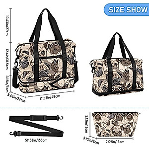 ALAZA Beige Pug Dog Art Gym Bag Sports Duffel Bag with Shoes Compartment, Overnight Weekender Travel Tote Bag for Women Men Trip College