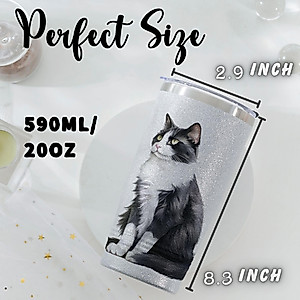 Onebttl Tuxedo Cat Gifts for Tuxedo Cat Lovers, 20 oz Insulated Stainless Steel Tumblers with Lids and Straws, Tuxedo Cat gifts for Birthday Christmas, Glitter Silver