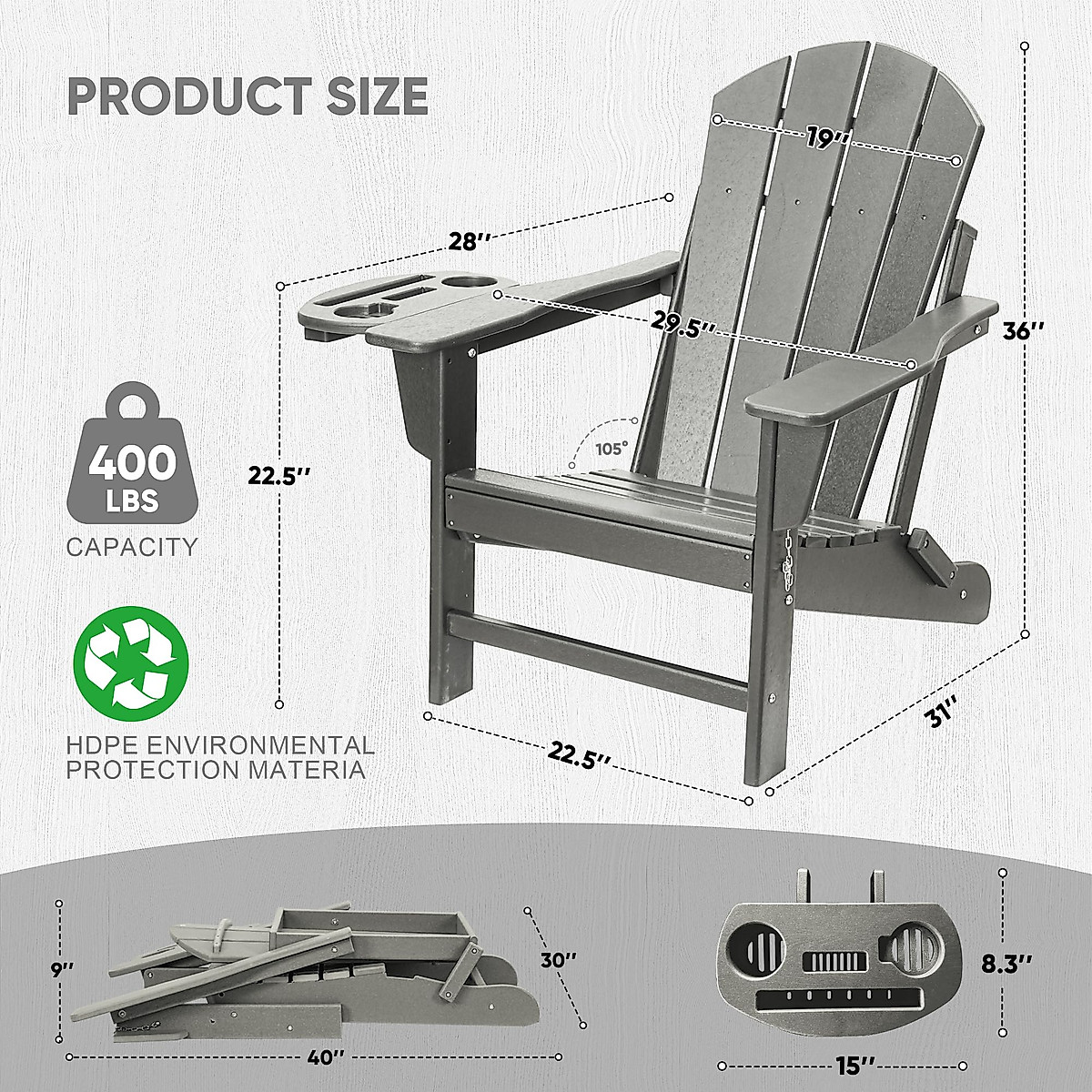 FOOWIN HDPE Folding Adirondack Chair All-Weather Resistant Adirondack Chair w/4 in 1 Cup Holder Trays, Adirondack Chairs for Outdoor, Patio, Lawn, Garden, Backyard Deck