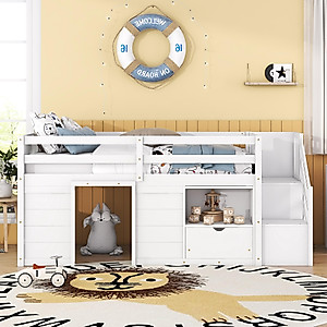 Harper & Bright Designs Twin Size Low Loft Bed with Storage,Wood Kids Loft Bed with Stairs,Loft Bed Twin with Shelf and Drawer Underneath,Space-Saving Twin Bed for Girls Boys,White