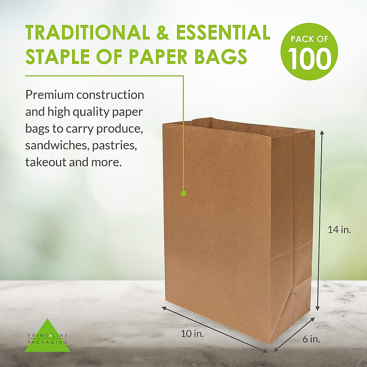 Prime Line Packaging Brown Paper Lunch Bags, Paper Sack for Grocery, Shopping, Delivery, Goodie, Take Out, Bakery, Bulk, 1/8 BBL, 10x6x14 100 Pack