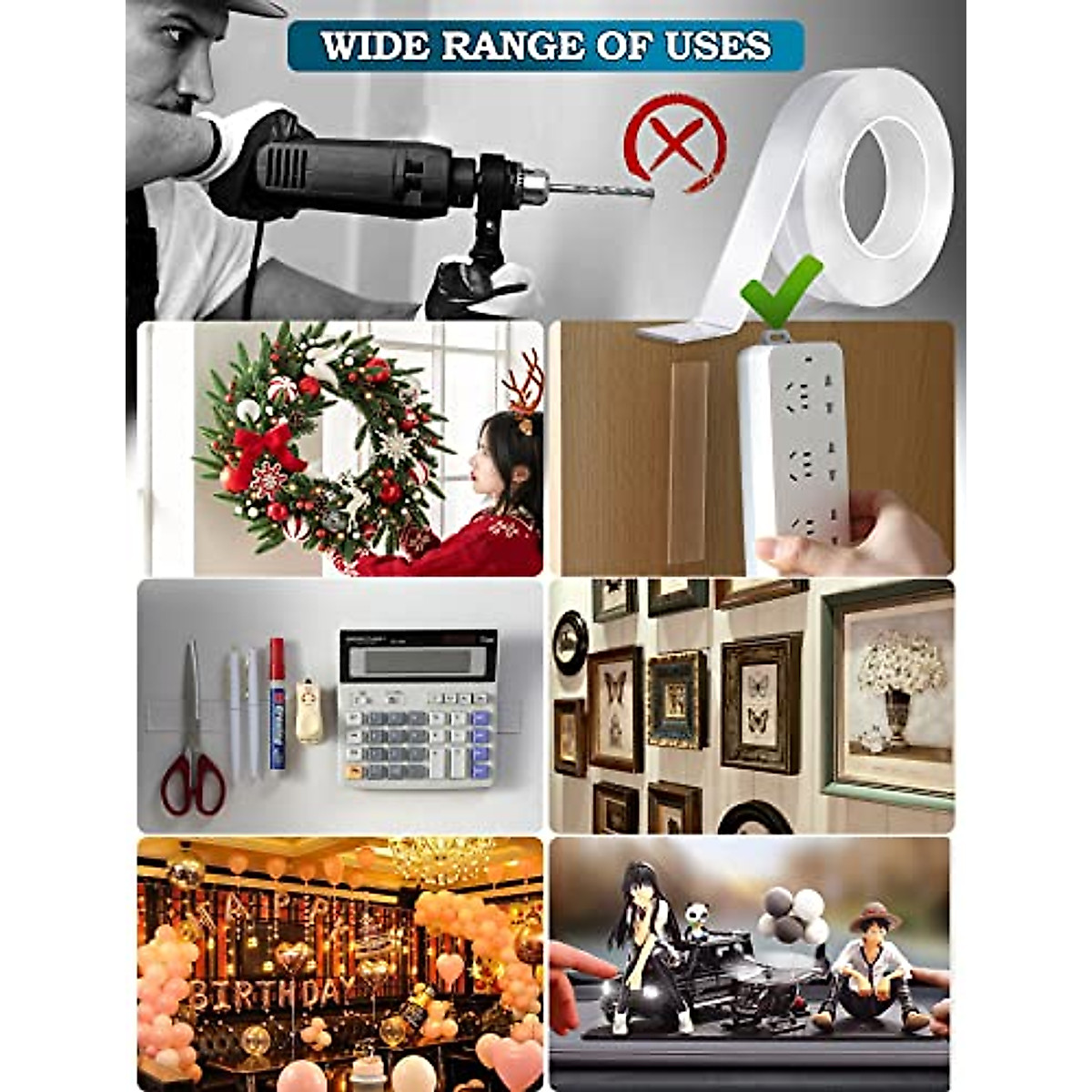 STUAKO® Double Sided Tape Heavy Duty, Removable Washable Reusable Gel Tape Strips for Kitchen, Living Room, Office,Car Decoration, Outdoor Use (9.85 FT x 1.18 in)