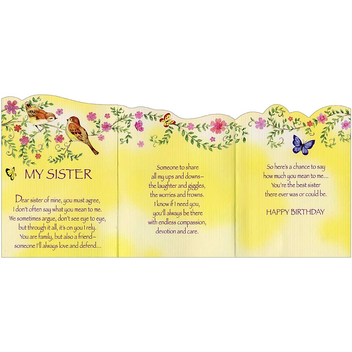 Designer Greetings Two Birds on Branch Yellow Background Die Cut Z-Fold Birthday Card for Sister