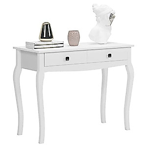sogesfurniture White Vanity Desk with 2 Drawers, Home Office Desk Vintage Makeup Vanity Table, Curved Legs Writing Desk, Entryway Console Table for Bedroom, Entryway, Home Office