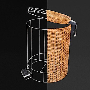 Wicker Trash Can with Lid Bathroom, Removable Liner Bucket Wastebasket, Slow Down Silent Pedal Garbage Bin with Lid, Round Rattan Garbage Can Trash Bin for Bathroom Living Room Kitchen ( Color : Yello