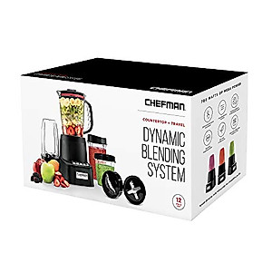 Chefman Countertop + Travel Dynamic Blending System, 12-Piece Set, 3 Programmed Speeds & Pulse, Easy Ice Crushing for Shakes & Smoothies, Dishwasher-Safe 32-Oz Pitcher, 12Oz & 2 24Oz Tumblers, Black