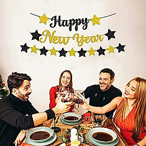 Famoby Black Gold Paper Happy New year Banner Shiny metallic texture Star Bunting for New year Party Decoration