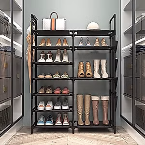 VTRIN Shoe Rack Shoe Organizer 7 Tier Shoe Rack for Entryway Holds 24-28 Pairs Shoe and Boots Shelf Organizer Storage Organizer Durable Metal with Side Hanging Shoe Pockets for Bedroom Black
