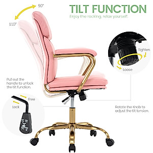 MFD LIVING Home Office Chair, Modern Upholstered Mid-Back PU Leather Task Desk Chair with Arms, Adjustable Rocking Swivel Computer Chair with Wheels (Pink)