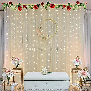 Champagne Tulle Backdrop Curtain with Lights String for Parites Wedding Sheer Backdrop Curtains for Bridal Shower Baby Shower Birthday Party Photo Shoot Background Wall Decorations 2 Panels 5×8ft