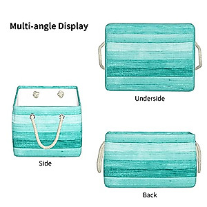 KiuLoam Large Foldable Storage Basket, Teal Turquoise Green Wood Print Decorative Storage Basket Fabric Storage Bin Organizer Bag With Handles For Office,Bedroom,Closet (15.7 X 11.8 X 9.8 Inch)