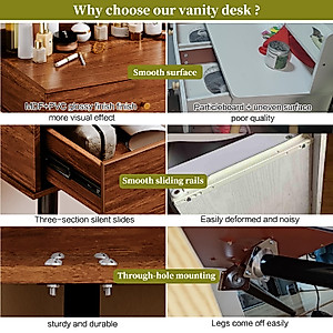 sbdmirau Vanity 35" W, Vanity Desk with Round Mirror and Lights, Brown Vanity Makeup Table with Chair, with Open Compartment and 3 Drawers, 3 Lighting Modes Gift for Girls and Women Brown Vanity