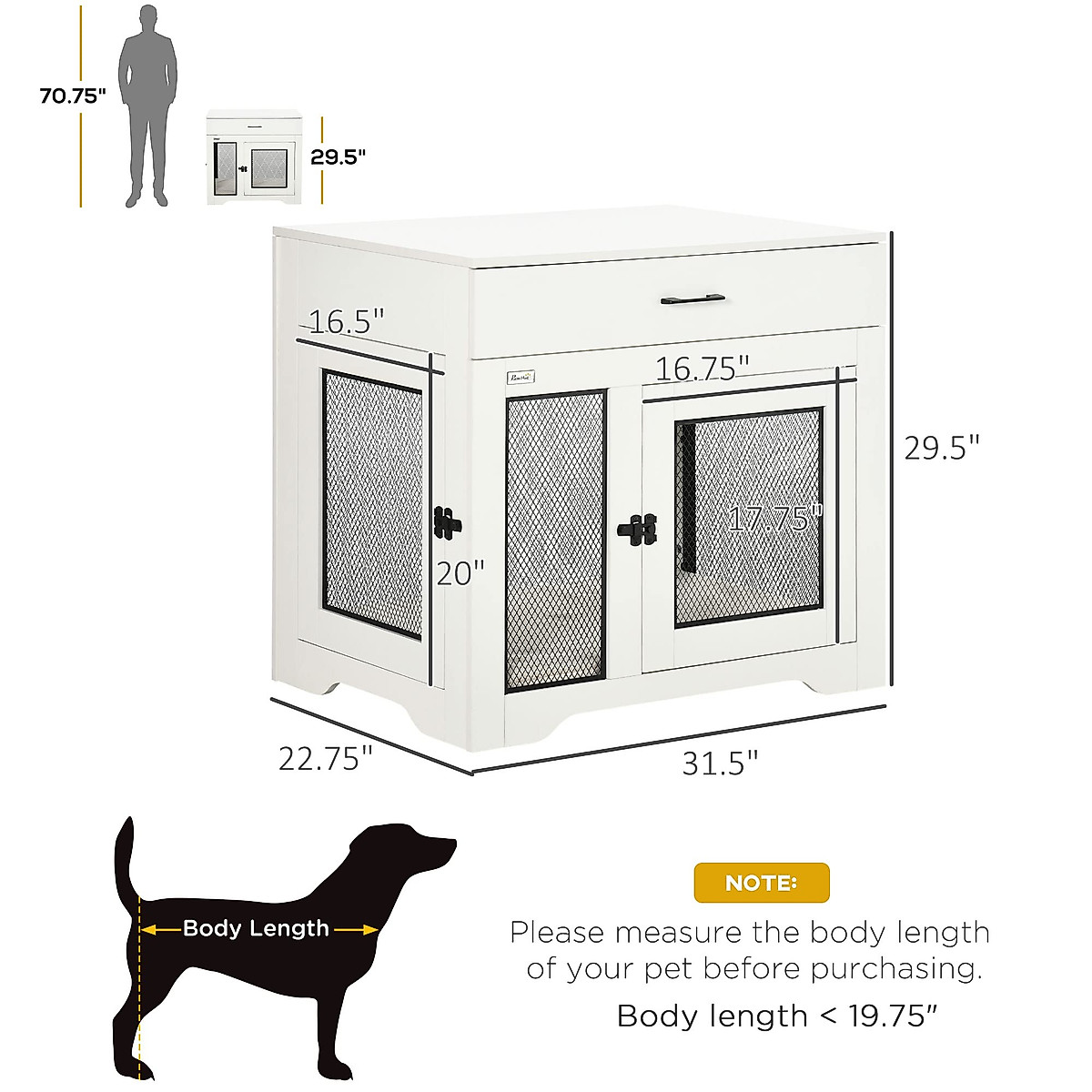PawHut Dog Crate Furniture with Soft Water-Resistant Cushion, Dog Kennel End Table with Drawer, Puppy Crate for Small Dogs Indoor with 2 Doors, White
