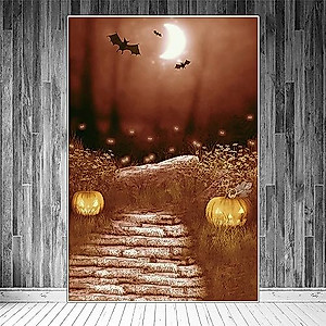 MOONDECO Photography Backdrop 5x7ft Halloween Forest Road Pumpkin Lamp Fire Fly Bat Background Children Party Photo Booth Moon Light Decorations