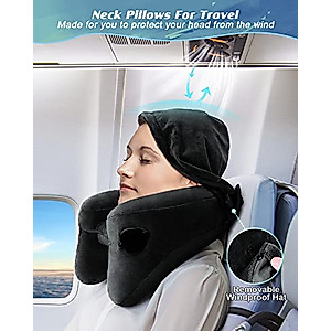 JefDiee Neck Pillows for Travel, Travel Pillow for Neck, Chin, Head Support, Airplane Pillow with Soft Washable Velour Cover, Hat, Portable Luxury Bag, 3D Sleep Mask and Earplugs (Black)
