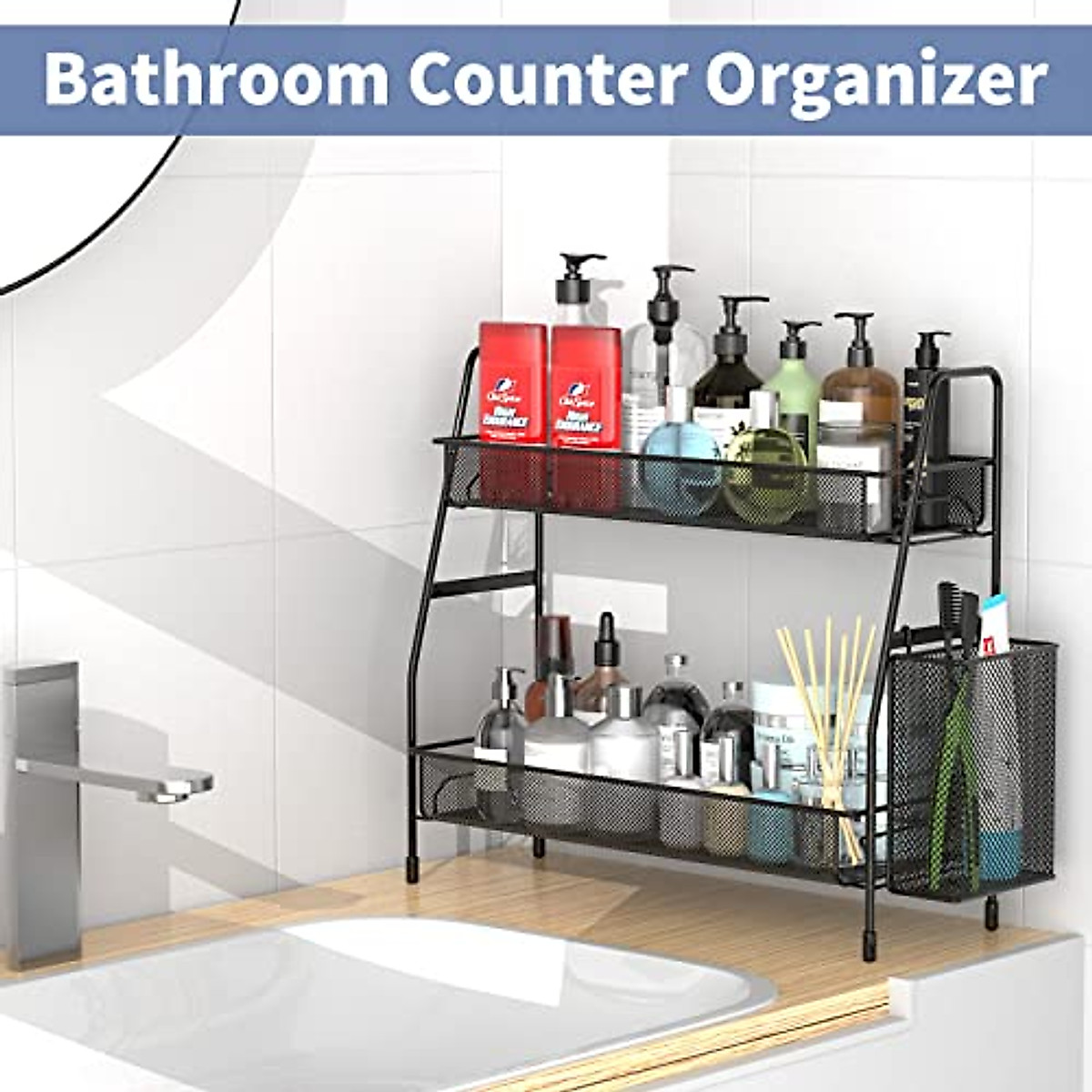 EKNITEY Bathroom Countertop Organizer Shelf - 2 Tier Counter Spice Rack Metal Makeup Rack Small Perfume Organizer for Sink/Bedroom/Living room/Kitchen/Office