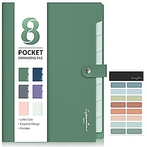 Sooez Elegant Accordion File Organizer with Labels, 8 Pocket Expanding File Folder, Portable Folders for Documents, Cute Paper Organizer for School Office Supplies, Letter Size, Dark Green