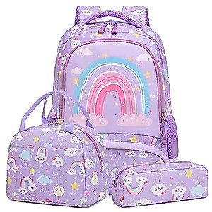 Girls Backpack for Elementary Rainbow Backpack 3 in 1 School Bookbag with Lunch Bag Pencil Case Purple Back to School