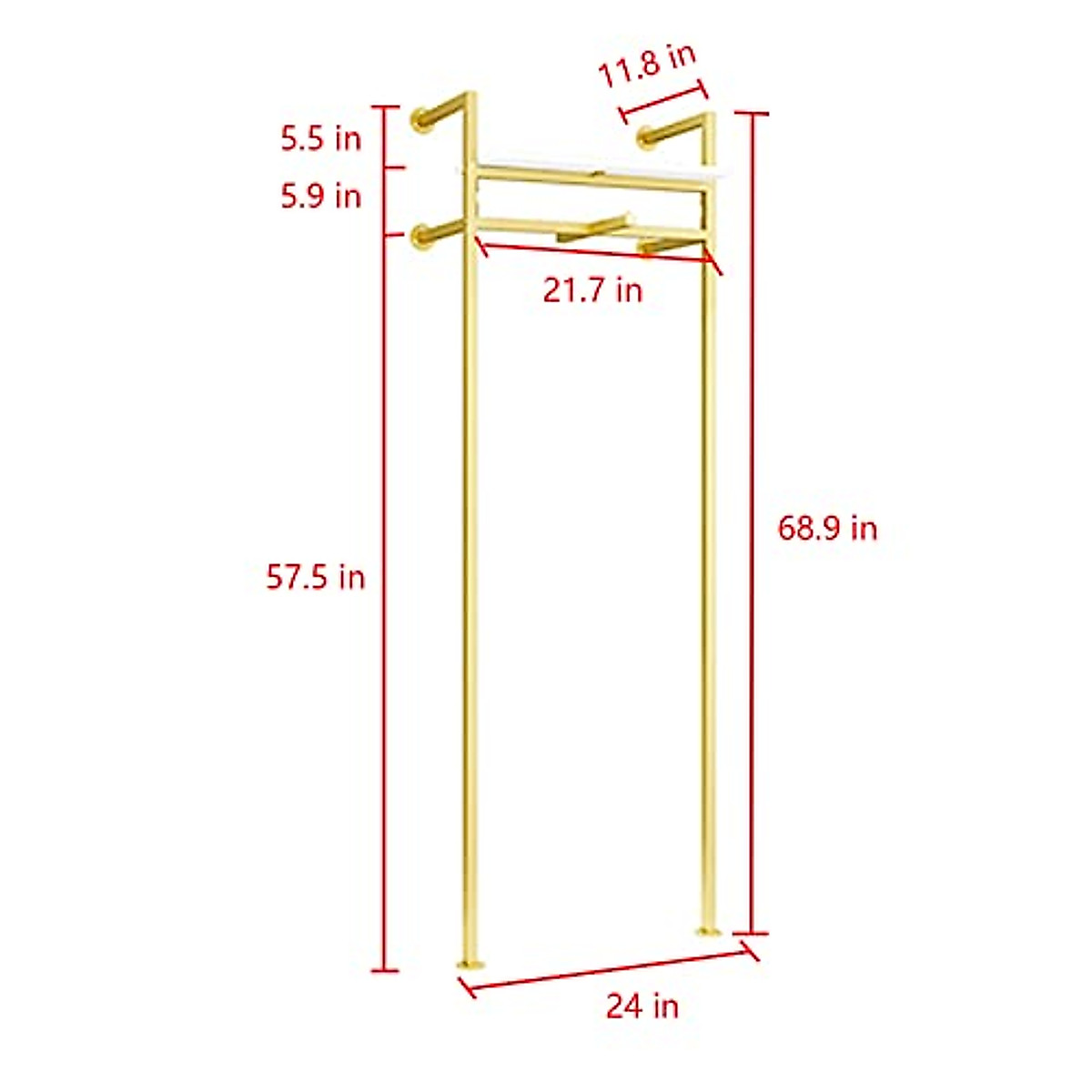WFDERAN Modern Clothing Store Square Tube Garment Rack,1-Tier Wall Mounted Storage Clothes Shoe Bag Hanging Shelves,Retail Shop Clothes Display Stands (24" L, Gold with Wood)