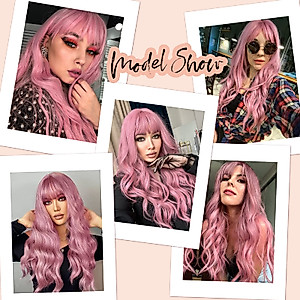 N NAYASA Pink Wigs with Bangs Long Wavy Pink Wigs for Women Synthetic Natural Wavy Wig Heat Resistant Colorful Wigs for Daily Party Cosplay Use 22”
