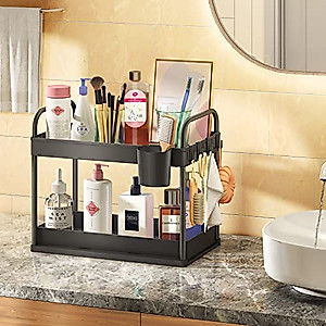 PXRACK 2-Tier Under Sink Organizer, Sliding Under Bathroom Cabinet Storage Drawer Basket Organizer Rack with Hooks, Hanging Cup, Handles, Under Sink Shelf Organizer for Bathroom, Kitchen