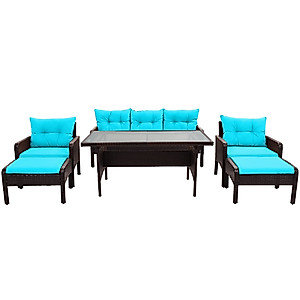 SIYAHOME Conversation 6-Piece Outdoor Patio PE Rattan Sofa, Dining Set with Removable Tempered Glass Tea Table for Backyard, Poolside, Deck, Wicker Cushion, Brown + Blue