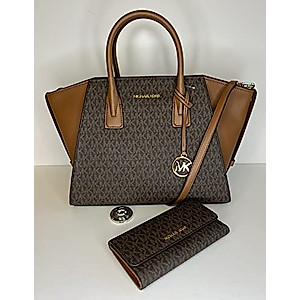 Michael Kors MICHAEL Michael Kors Avril Large Top-Zip Satchel bundled with Trifold Wallet Purse Hook (Signature MK Brown)