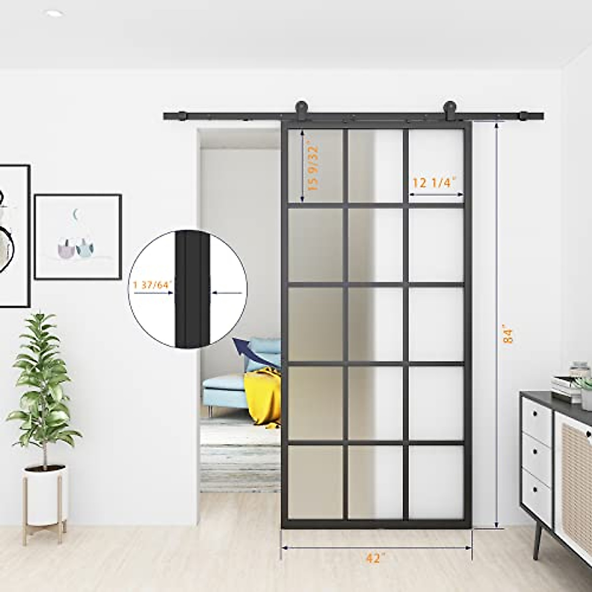 BARNSMITH 42in x 84in Frosted Glass Barn Door with 7FT Top Mounted Hardware kit Soft Close Mechanism DIY 15 Lites Tempered Modern Aluminum Sliding Glass Door Slab Disassembled Easy Installation